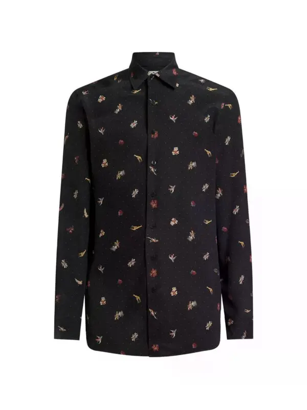 Etro Silk Shirt With Micro Flower And Animal Motif - Black