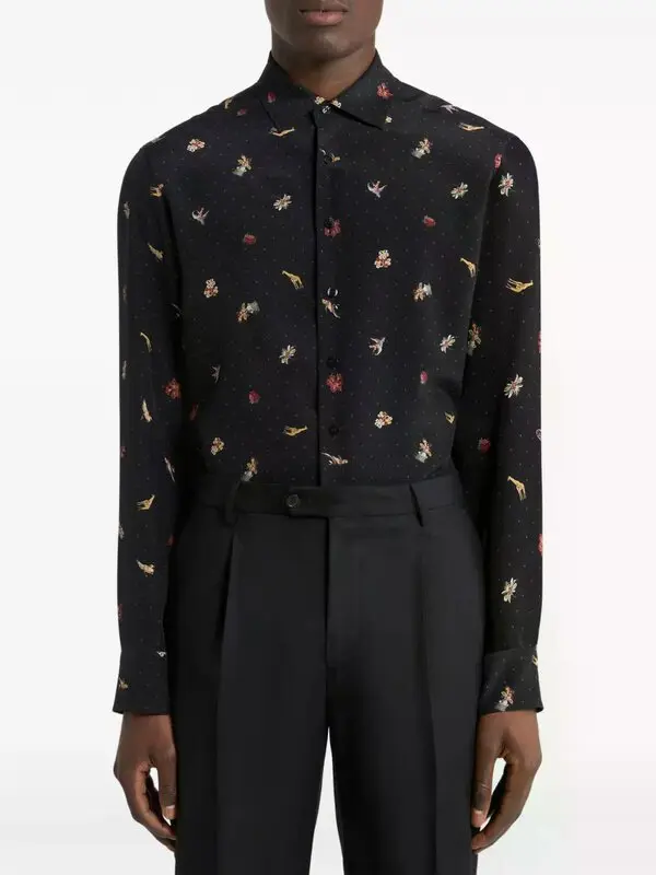 Etro Silk Shirt With Micro Flower And Animal Motif