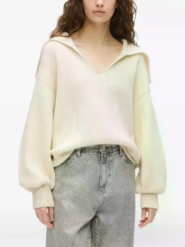 Karl Lagerfeld Ribbed Knit Wide Collar V-neck Sweater - Neutrals