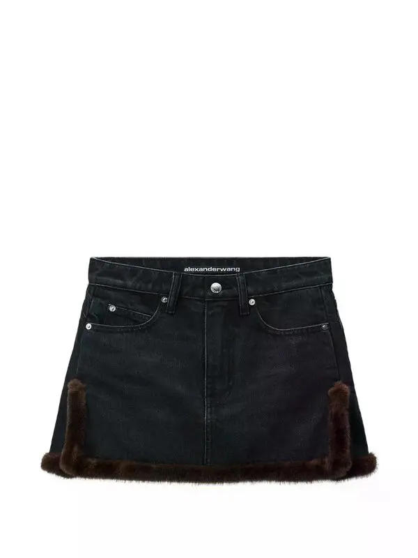 Alexander Wang Denim Mini Skirt W/ Faux-mink Trim - Black