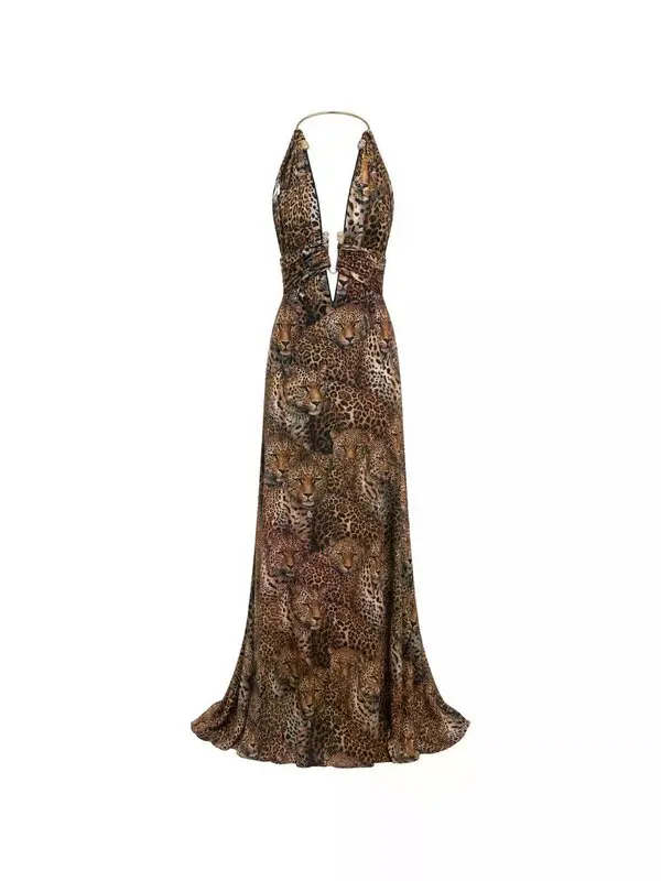 Philipp Plein Leopard Print Open-back Halterneck Maxi Dress - Brown