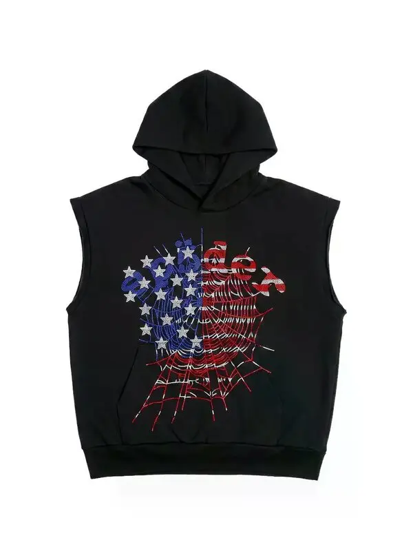 SP5DER Rhinestone Embellished Sleeveless Hoodie - Black