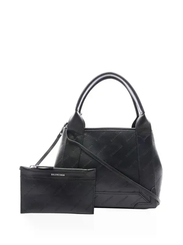 Balenciaga 2018-2026 Leather Allover Logo Navy Cabas Tote Xs Satchel - Black