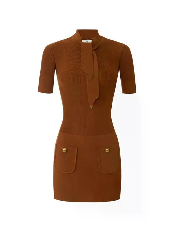 Elisabetta Franchi Knit Mini Dress With Scarf And Jewel Buttons - Brown