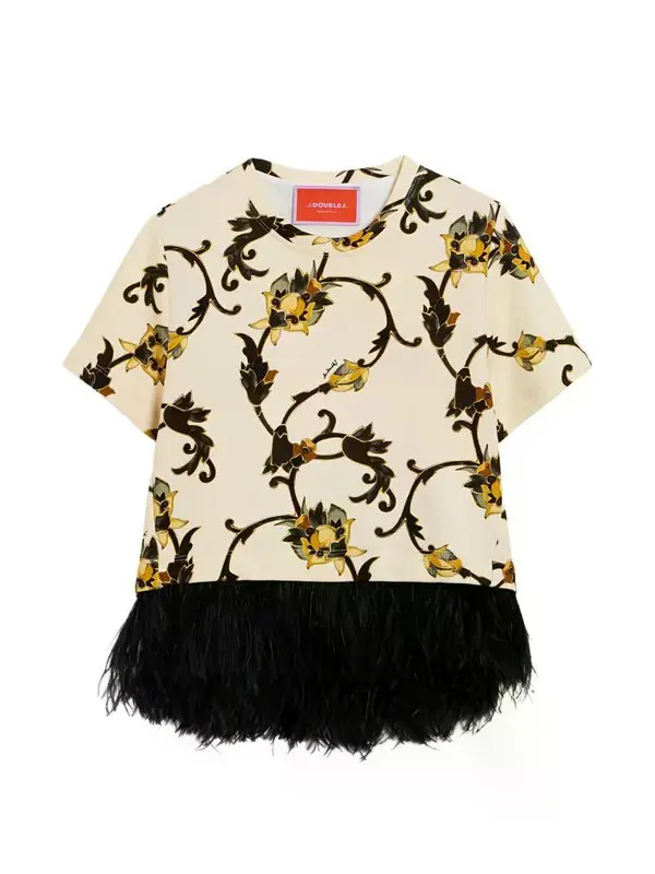 La DoubleJ La Scala T-shirt With Feather Trim - Neutrals