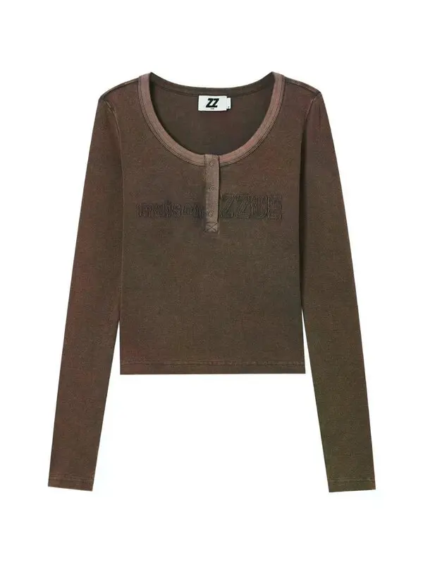 Izzue Embroidered Long-sleeve Henley Top - Brown