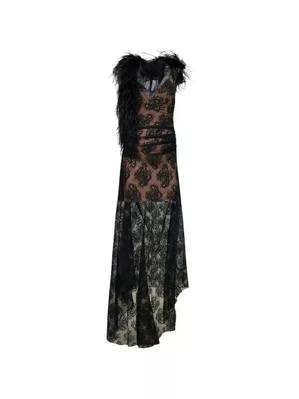 Giuseppe Di Morabito Feather-trim Lace-overlay Asymmetric Dress - Black