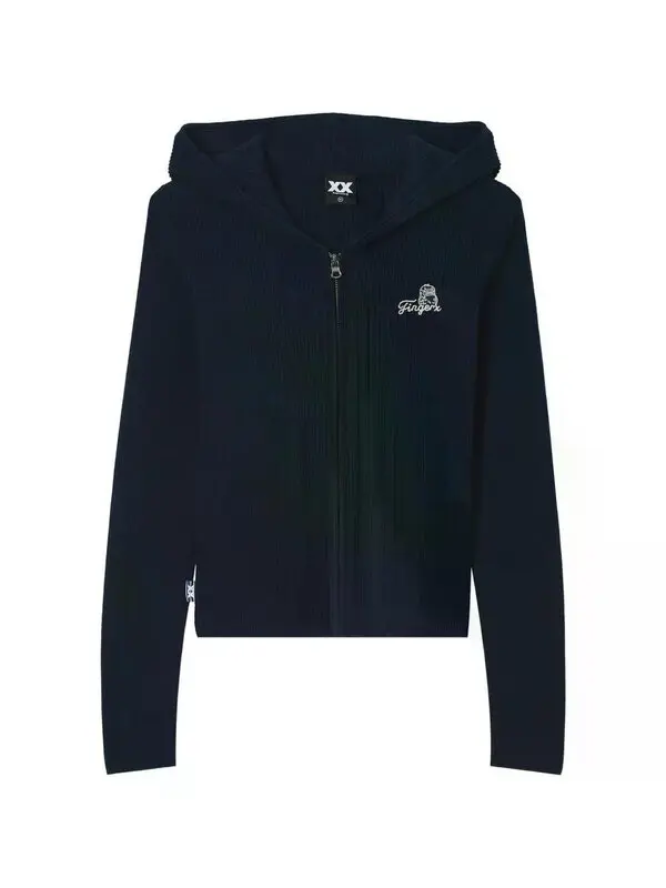 FINGERCROXX Ribbed Knit Full Zip Hoodie With Embroidered Logo