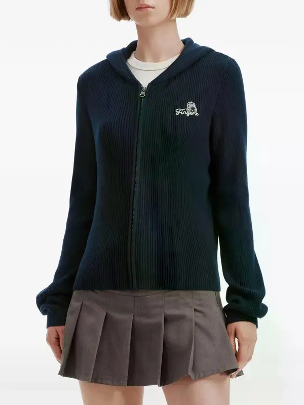 FINGERCROXX Ribbed Knit Full Zip Hoodie With Embroidered Logo