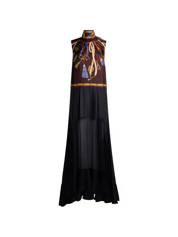 Etro Long Silk Dress With See-through Skirt And Placed Print - Blue