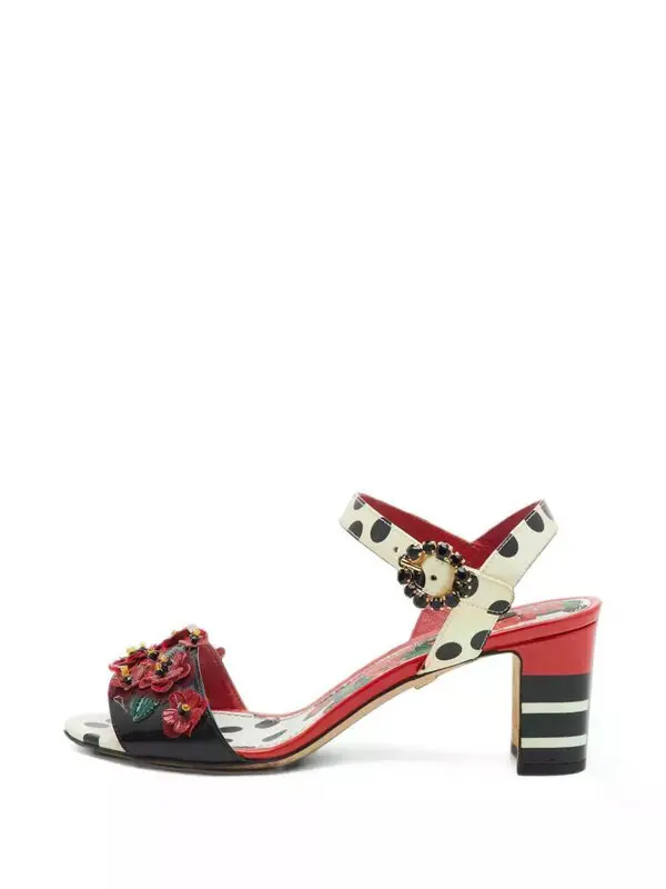 Dolce & Gabbana Polka-dot Floral-appliqué Patent Leather Sandals - Black
