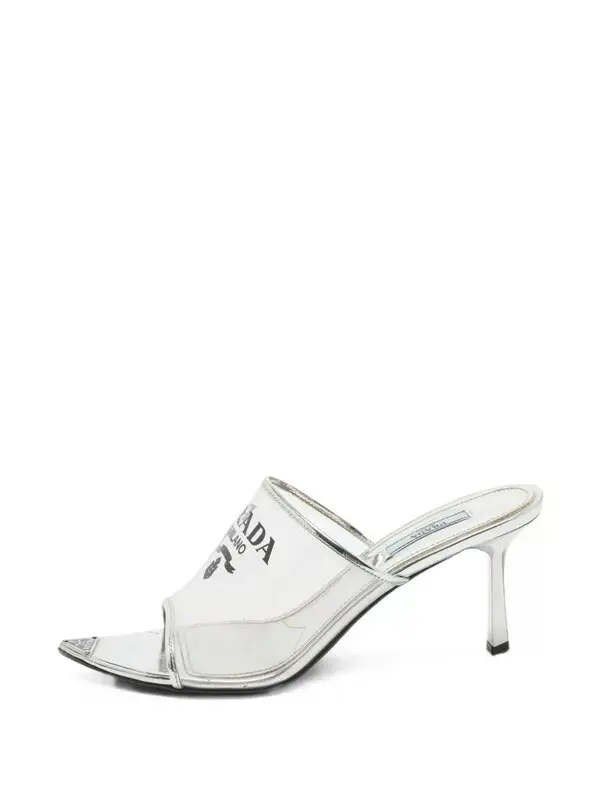 Prada Tone Metallic Triangle Logo Slide Sandals - Silver