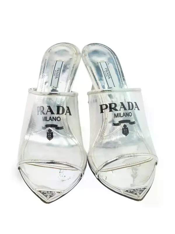 Prada Tone Metallic Triangle Logo Slide Sandals