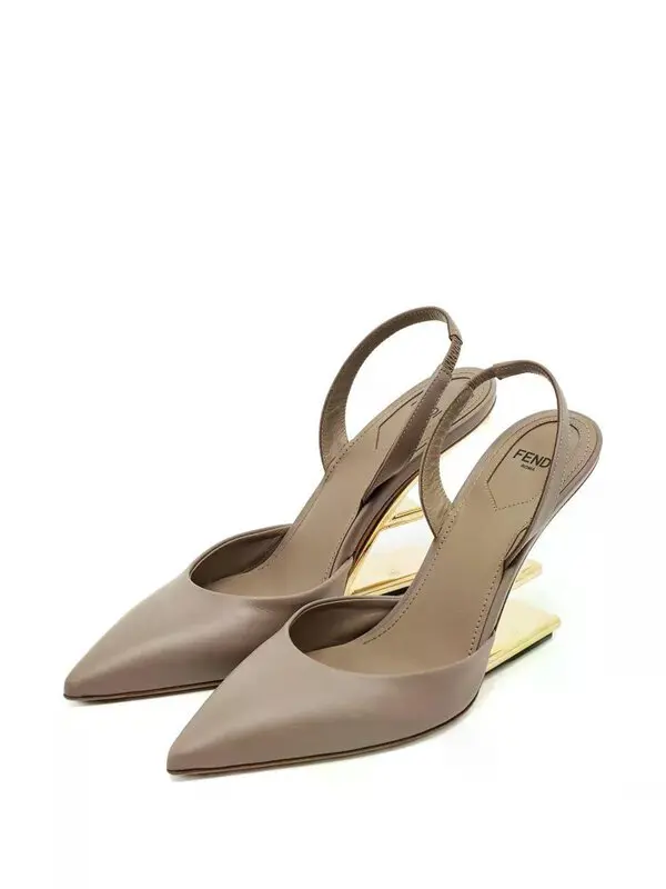 Fendi Beige Leather Pointed Toe Ff Logo Heel Slingback Pumps - Neutrals
