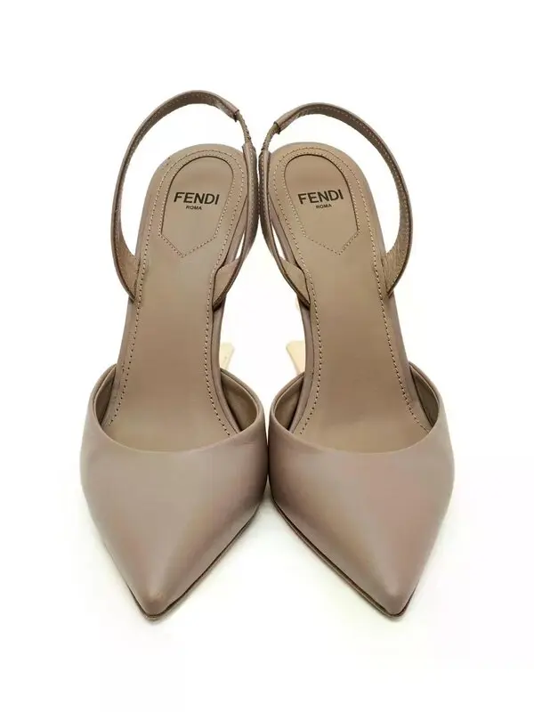 Fendi Beige Leather Pointed Toe Ff Logo Heel Slingback Pumps - Neutrals