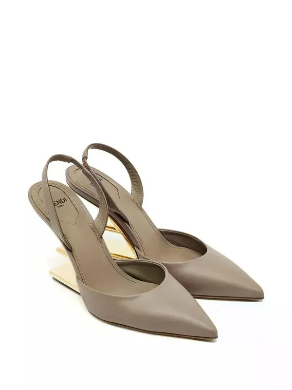 Fendi Beige Leather Pointed Toe Ff Logo Heel Slingback Pumps - Neutrals