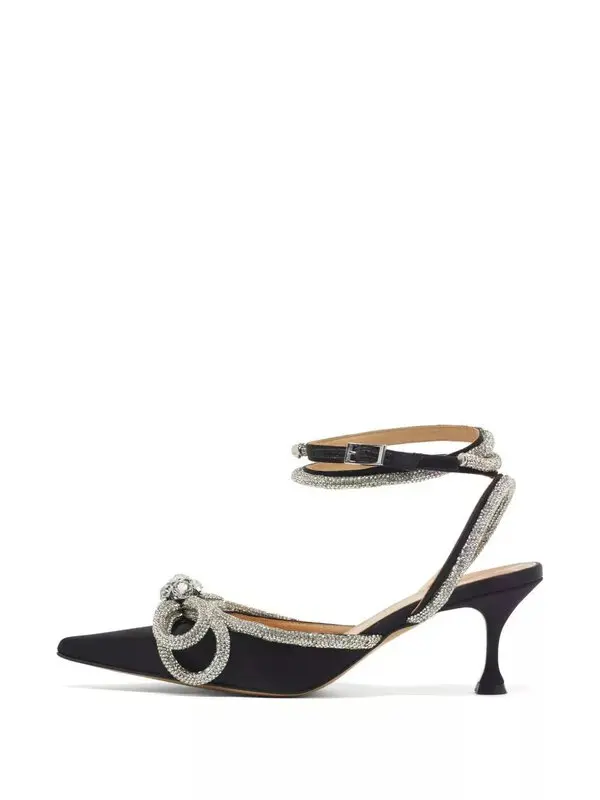 Mach & Mach Double Bow Ankle Strap Pumps With Crystal Embellishments - Black