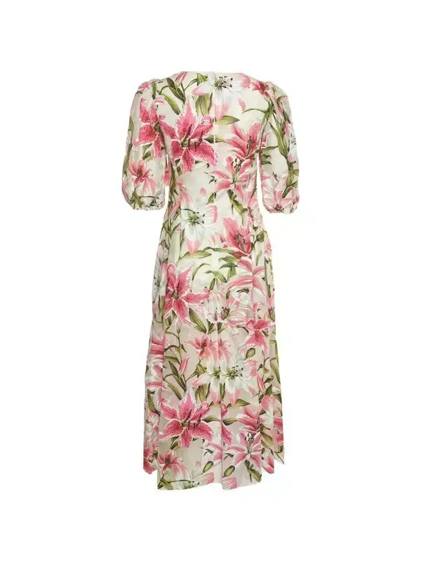 Dolce & Gabbana Lily Print Puff Sleeve Midi Dress