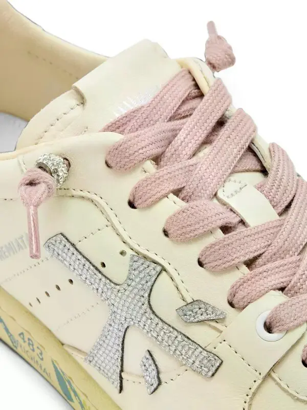 Premiata Bskt Leather And Suede Sneakers With Embellished Logo - Neutrals