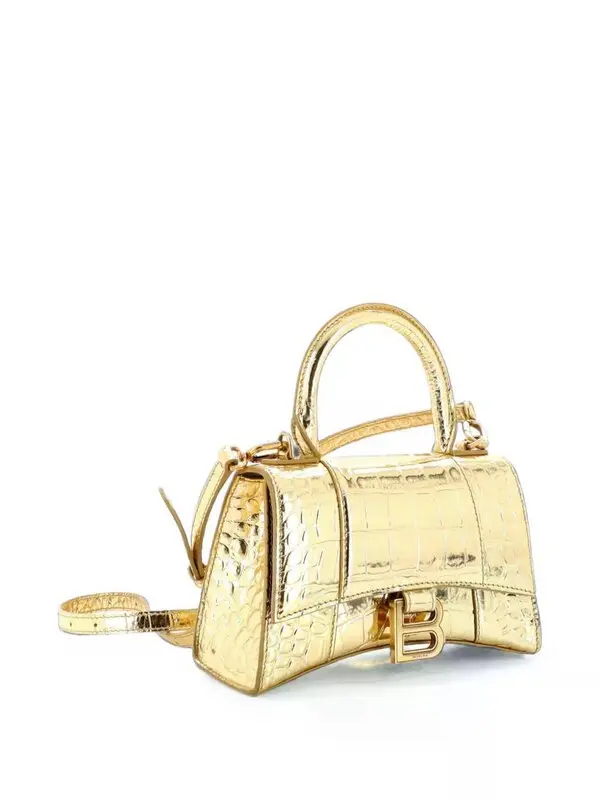 Balenciaga Hourglass Top Handle Bag Crocodile Embossed Leather Xs Satchel - Gold