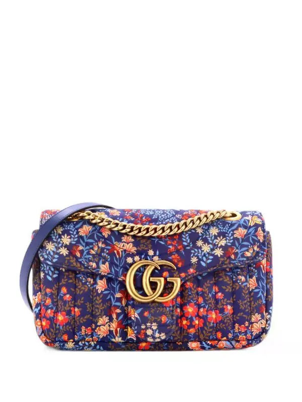Gucci Gg Marmont Floral Print Cotton Small Shoulder Bag - Blue