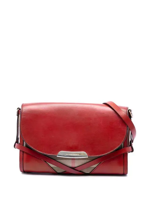 Burberry 2000-2017 Leather And House Check Canvas Bridle Abbott Crossbody Bag - Red