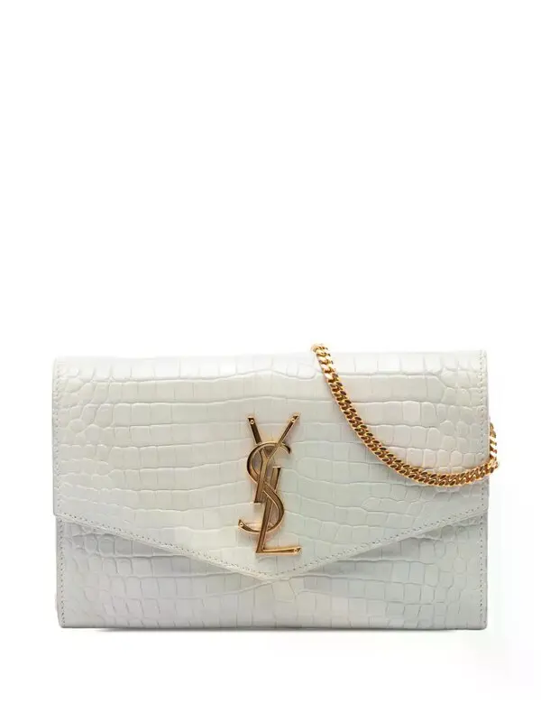 Saint Laurent 2021 Croc Embossed Leather Uptown Chain Wallet Crossbody Bag - White