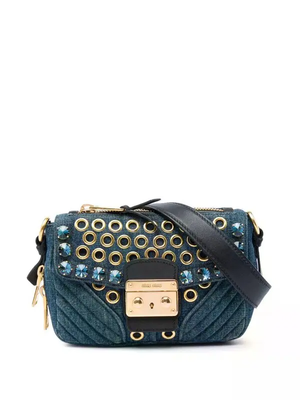 Miu Miu 2010-2026 Denim Grommet And Crystal Embellished Biker Crossbody Bag - Blue