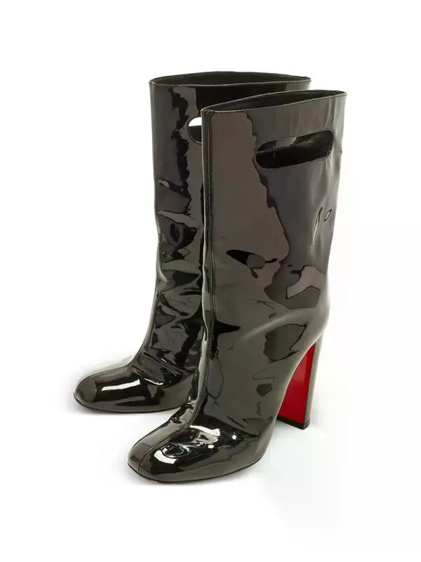 CHRISTIAN LOUBOUTIN Patent Leather Cut-out Block Heel Boots - Black
