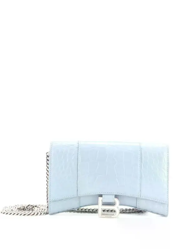 Balenciaga Hourglass Chain Wallet Crocodile Embossed Leather Clutch Bag - Blue