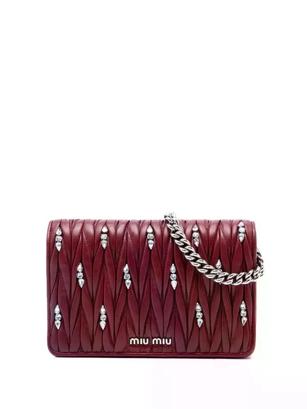 Miu Miu 2010-2026 Matelasse Lambskin Strass Embellished Wallet On Chain Crossbody Bag - Red