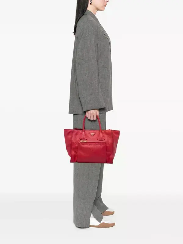 Prada 2013-2026 Vitello Daino Front Pocket Open Convertible Tote Satchel - Red