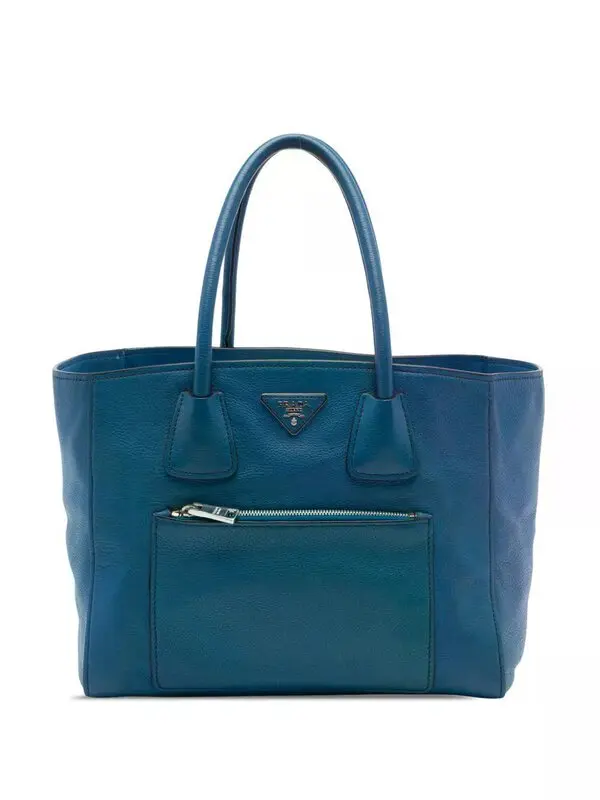 Prada 2013-2026 Soft Calf Front Pocket Shopping Tote Satchel - Blue