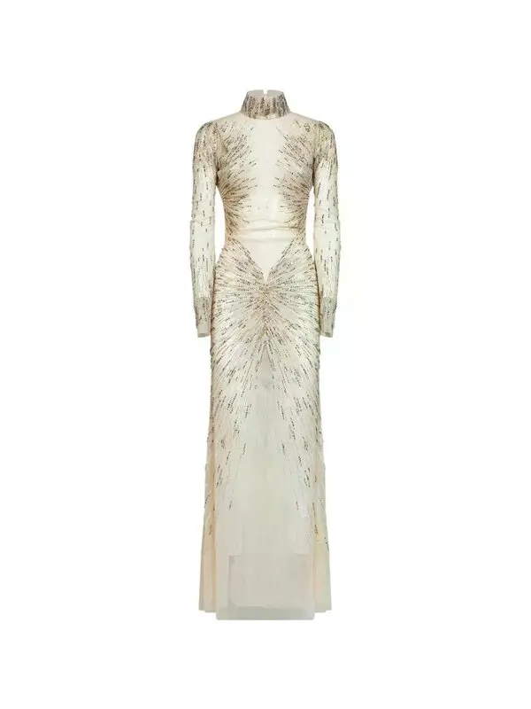 Amen Sequined Maxi Dress With Bead Embellishments - Neutrals