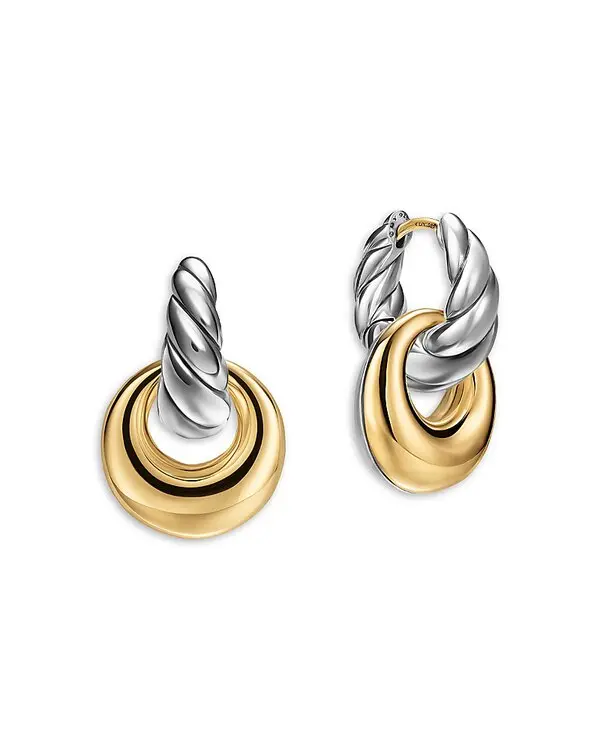 David Yurman Sculpted Cable Drop Earrings In Sterling Silver With 14k Yellow Gold, 23mm - Silver/gold