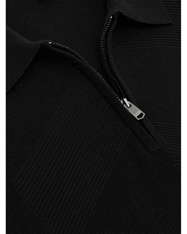 REISS Leigham Half Zip Chevron Knot Sweater Polo - Black