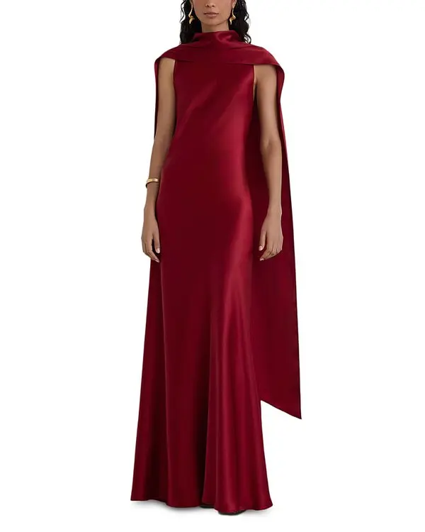 REISS Satin Cape Maxi Dress - Dark Red