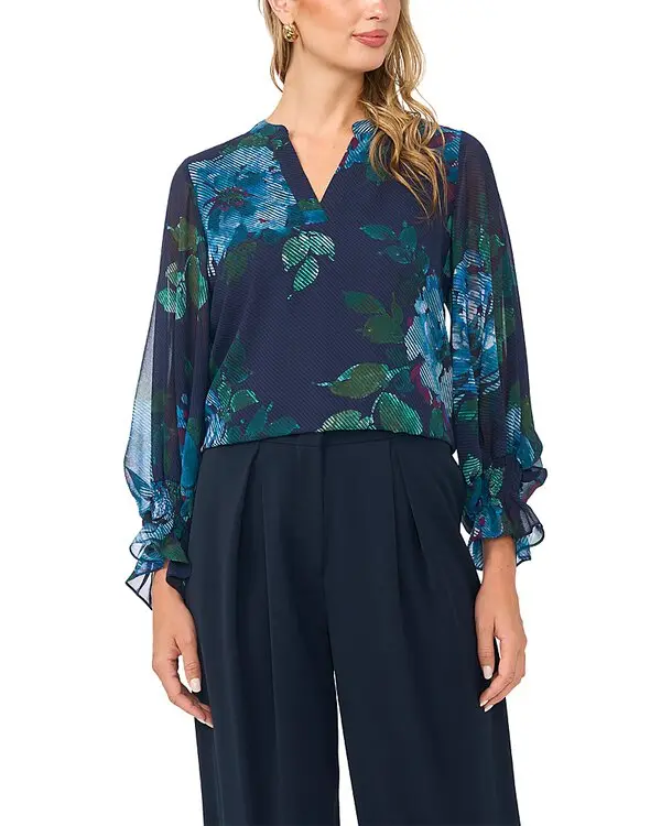 Vince Camuto Split Neck Long Sleeve Top - Rich Navy