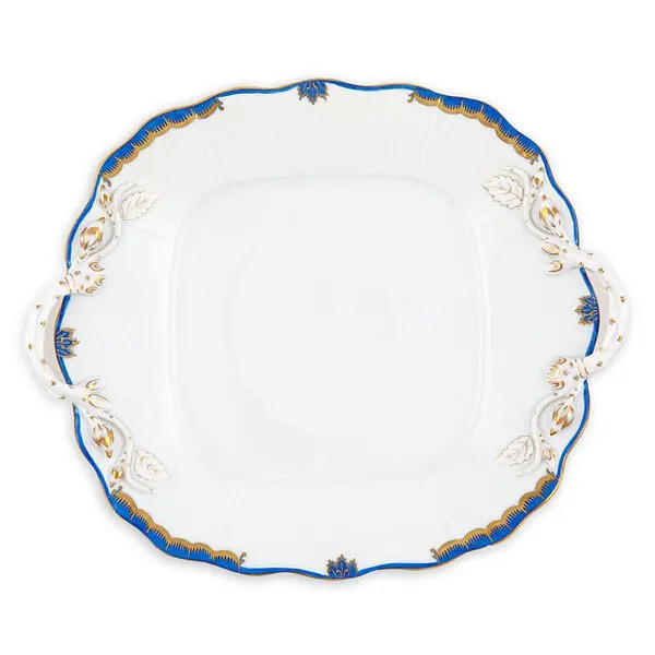 HEREND Princess Victoria Blue Square Cake Plate With Branch Handles