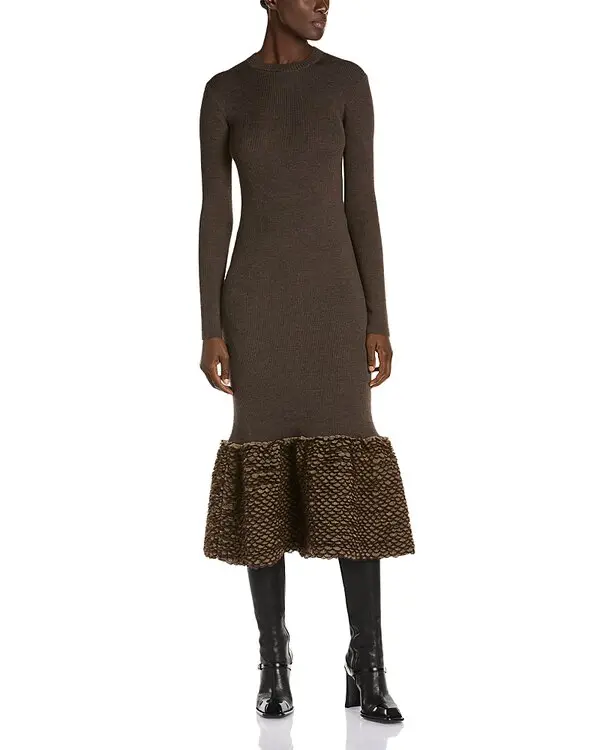 Alexander McQueen Wool Blend Ribbed Feathery Hem Midi Dress - Brown