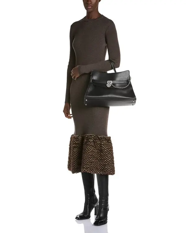 Alexander McQueen Wool Blend Ribbed Feathery Hem Midi Dress