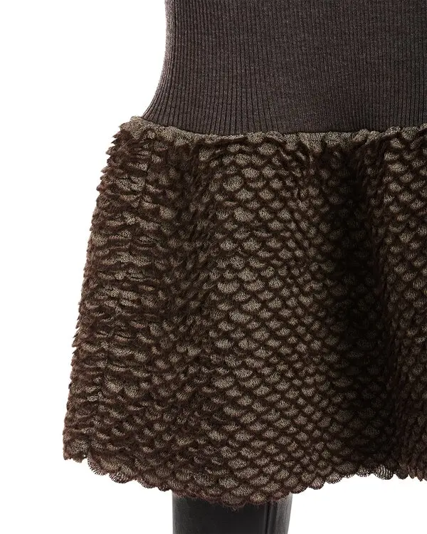 Alexander McQueen Wool Blend Ribbed Feathery Hem Midi Dress