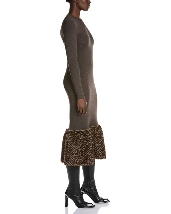 Alexander McQueen Wool Blend Ribbed Feathery Hem Midi Dress