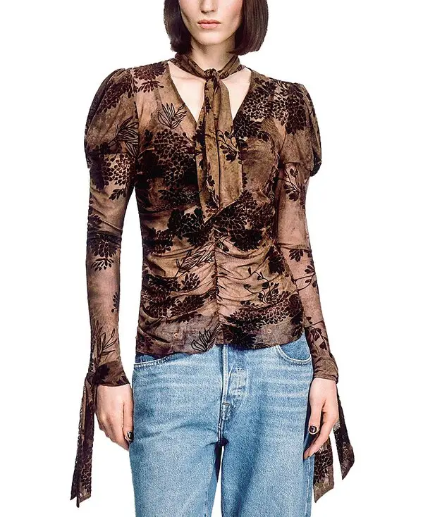 Anna Sui Dahlia Tulle Knit Long Sleeve Top - Chocolate