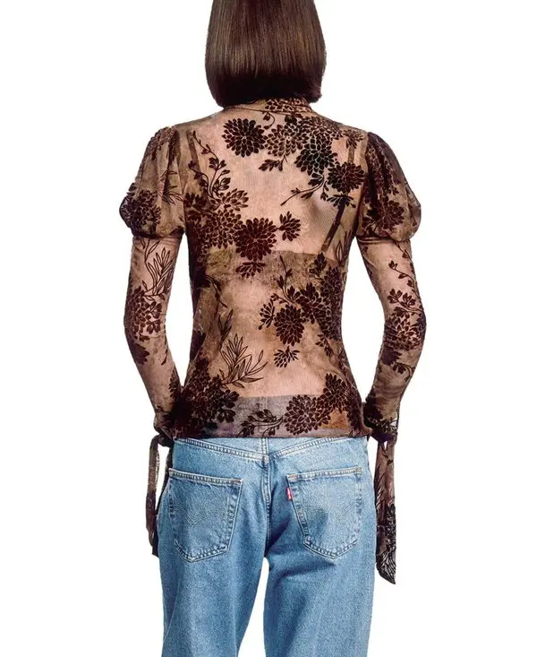 Anna Sui Dahlia Tulle Knit Long Sleeve Top