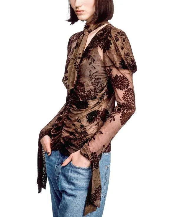 Anna Sui Dahlia Tulle Knit Long Sleeve Top