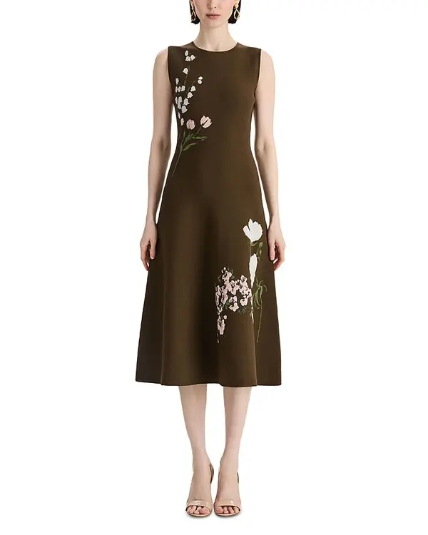 Oscar De La Renta Floral Knit Jacquard Midi Dress - Navy
