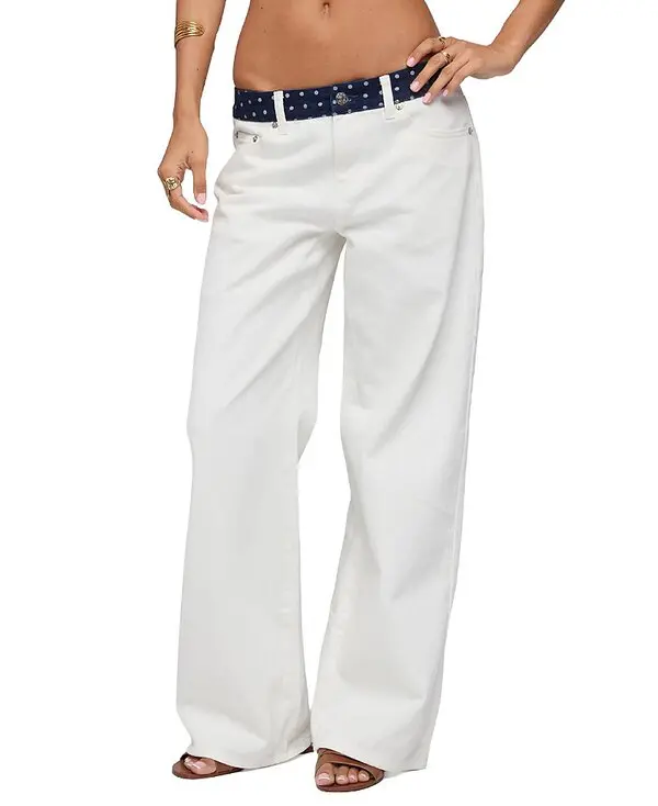 EDIKTED Polka Dot Waistband Low Rise Baggy Jeans - White