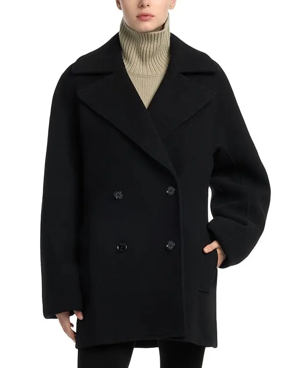 TOTEME Wool Blend Rounded Double Breasted Peacoat - Black