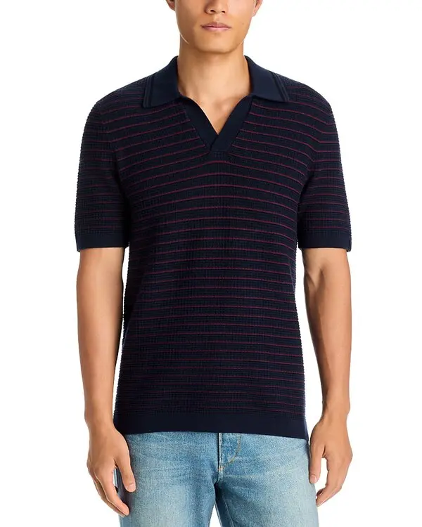 Rag & Bone Aaron Stripe Cotton Blend Johnny Collar Polo Shirt - Navy